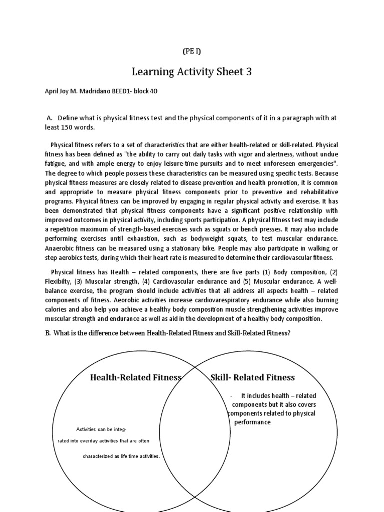 Learning Activity Sheet 3: Health-Related Fitness Skill-Related Fitness ...