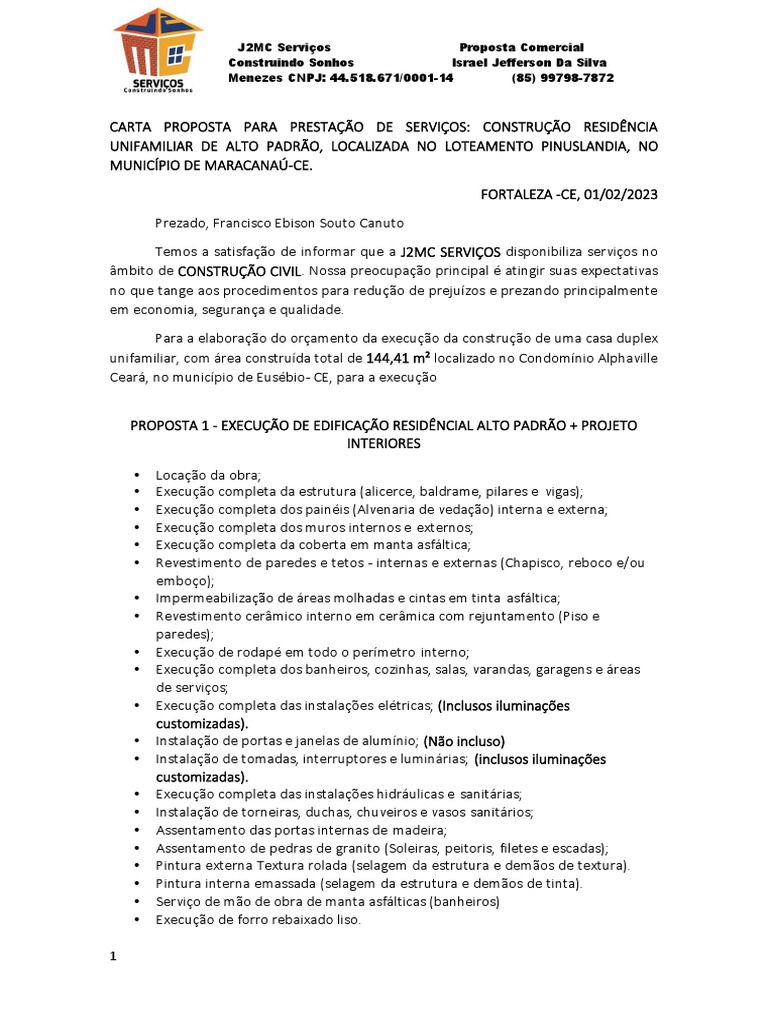 Carta de Proposta Francisco Ebison | PDF | Construção | Materiais