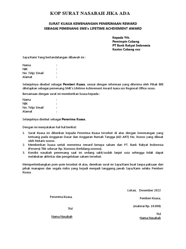 Contoh Surat Kuasa Kewenangan Penerimaan Reward Lifetime Achivement ...