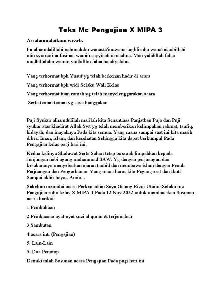 Teks MC Pengajian X MIPA 3 (12-11-2022) | PDF
