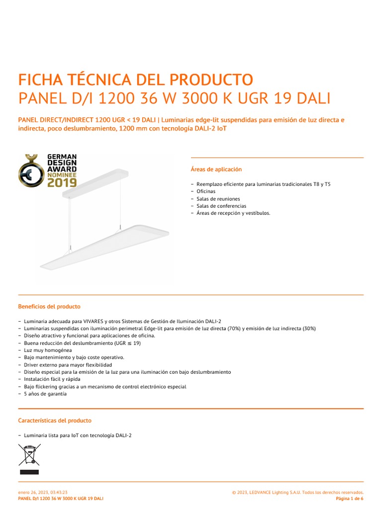 PANEL D I 1200 36 W 3000 K UGR 19 DALI Es | PDF | Radiación electromagnética | Electrodinámica