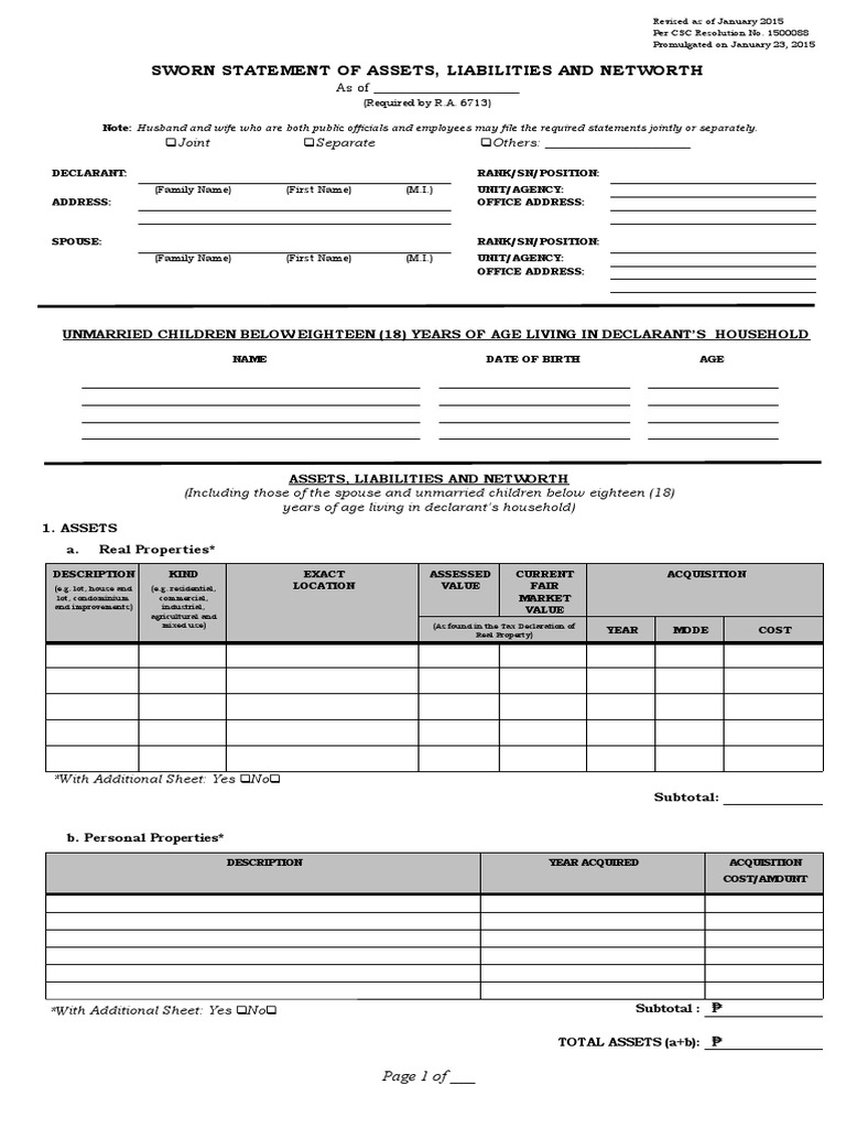 Revised Sworn Statement of Assets, Liabilities and Net Worth Form | PDF ...