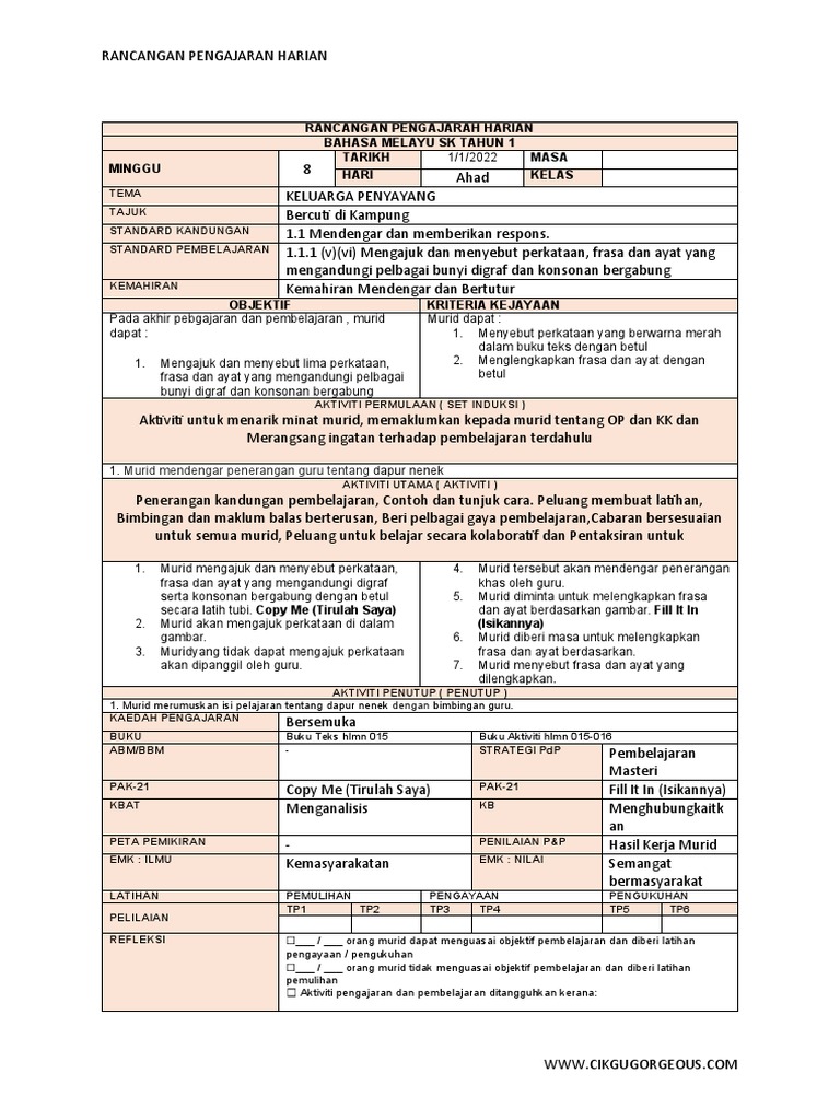 RPH Minggu 8 BM THN 1 by Cikgu Gorgeous | PDF