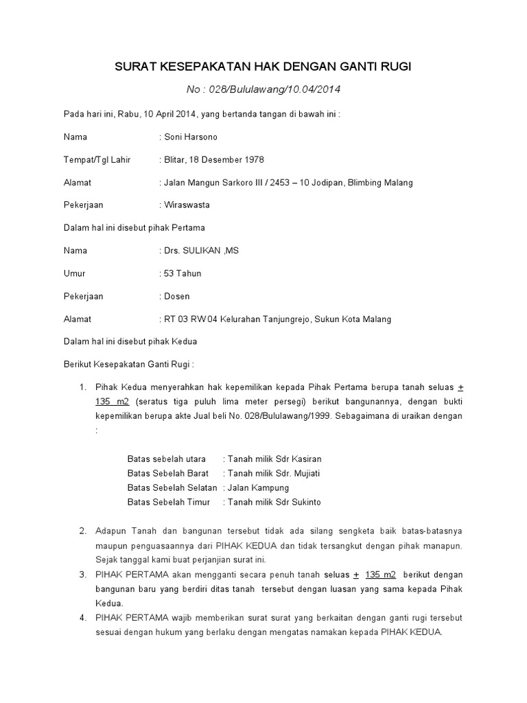 Perjanjian Ganti Rugi Tanah dan Bangunan | PDF