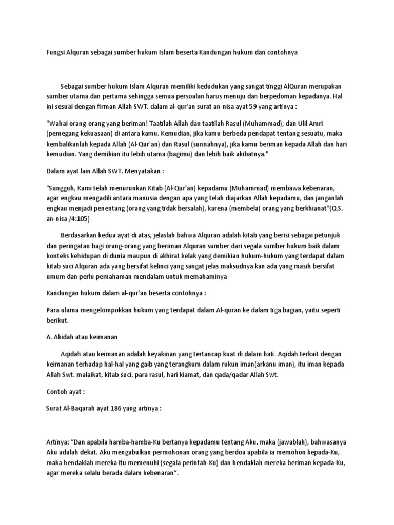 Fungsi Al-Quran Sebagai Sumber Hukum Islam Beserta Kandungan Hukum Dan ...