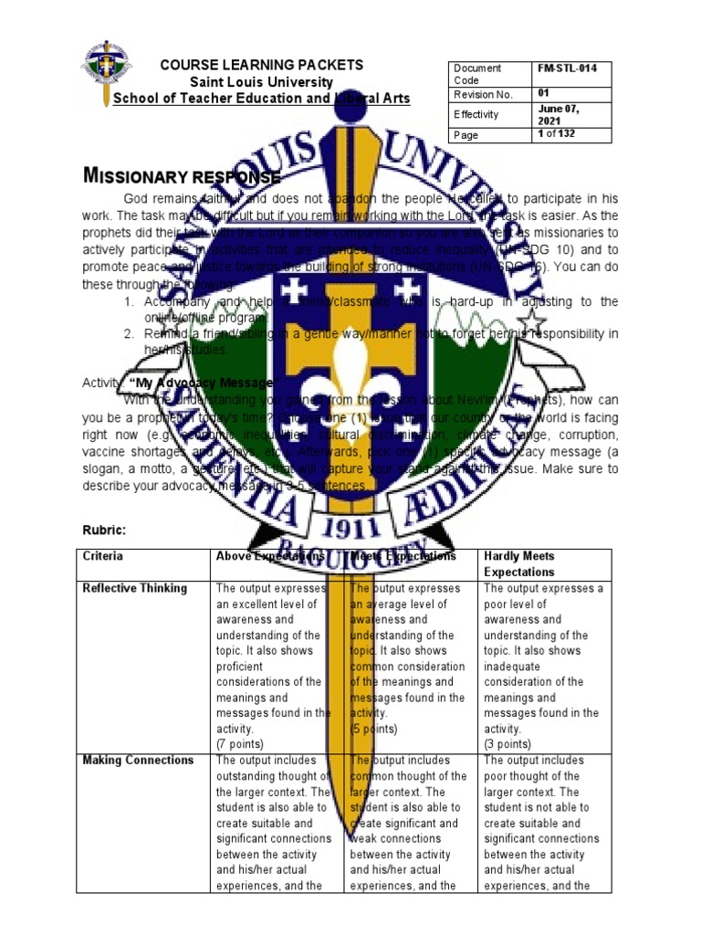 Issionary Response: Course Learning Packets Saint Louis University ...