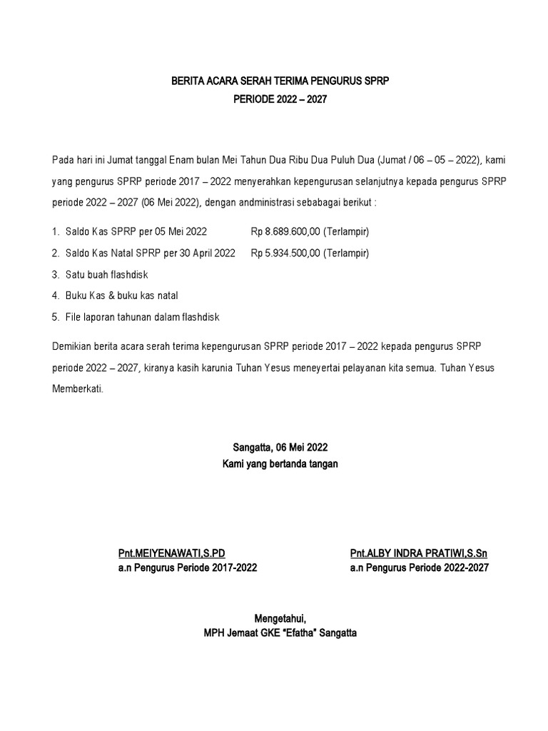 Berita Acara Serah Terima Pengurus SPRP | PDF