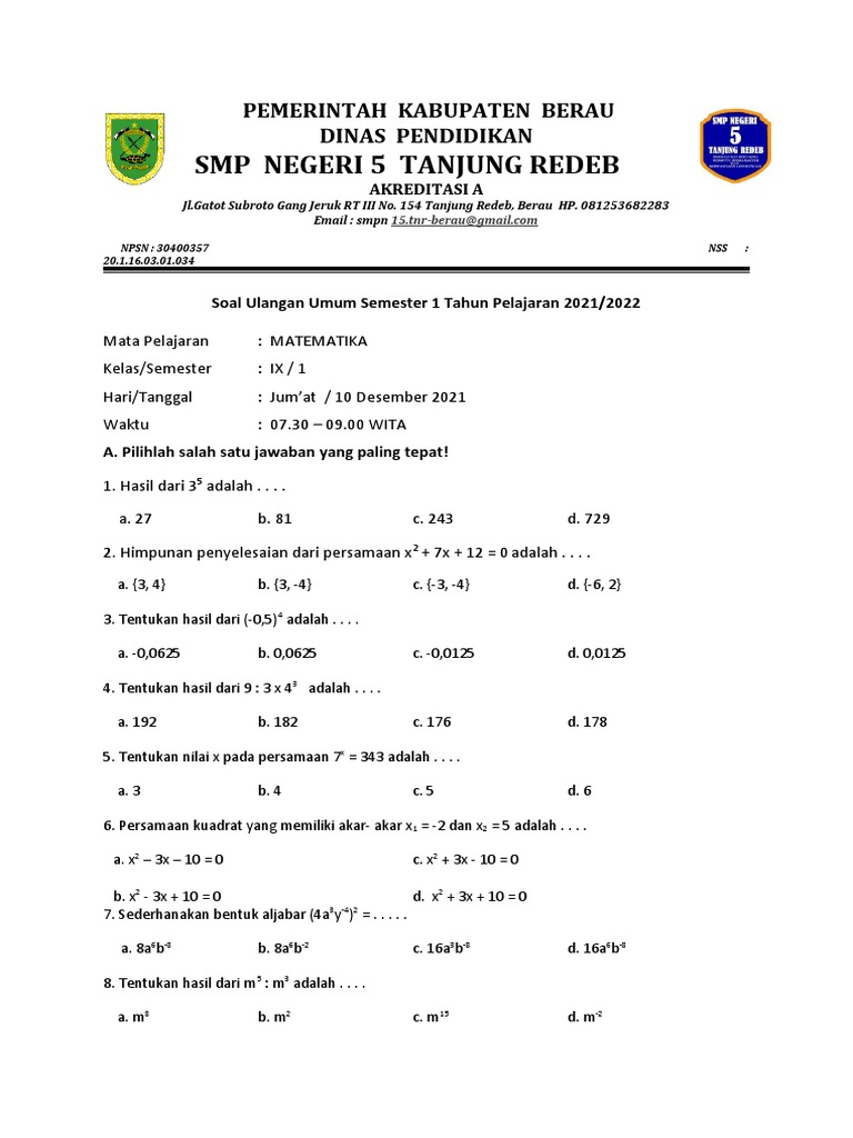 Soal Ulangan Umum Semester 1 Kelas IX TH 2021-2022 | PDF | Metode ...