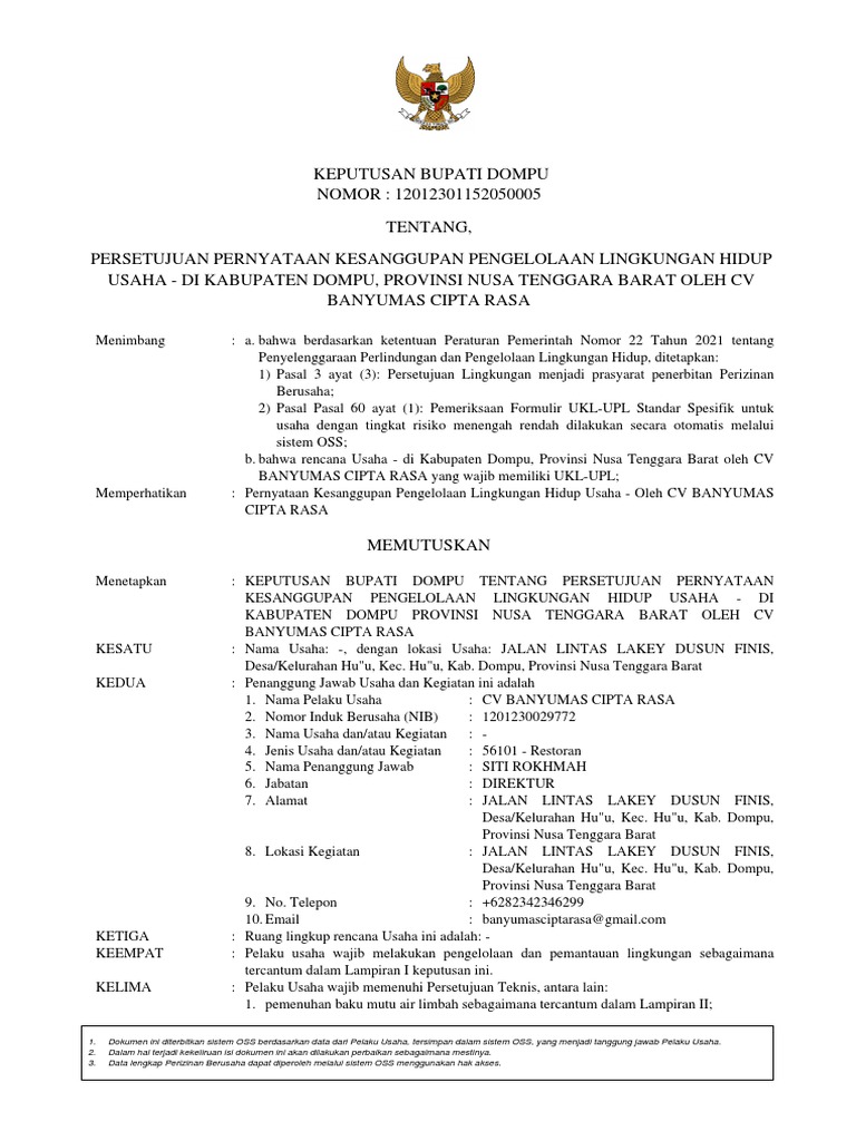 Persetujuan PKPLH - 56101 - CV Banyumas Cipta Rasa | PDF