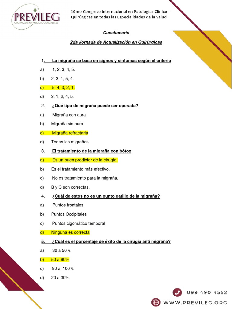 Cuestionario Medicina | PDF | Migraña | Cirugía
