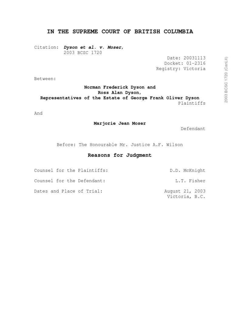 Dyson Estate v. Moser, (2003) B.C.S.C. 1720 | PDF | Cause Of Action ...