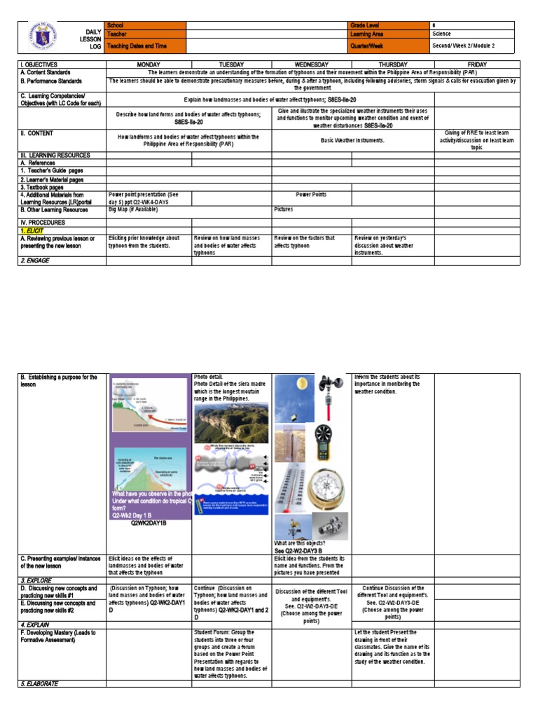 Sci 8. DLL. Q2. W2. M2.T. W5 | PDF | Tropical Cyclones | Learning
