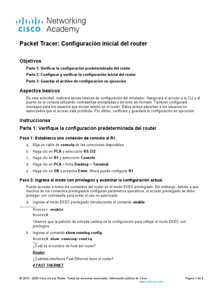 Packet Tracer: Configuración Inicial Del Router: Objetivos | PDF | Enrutador (Computación ...