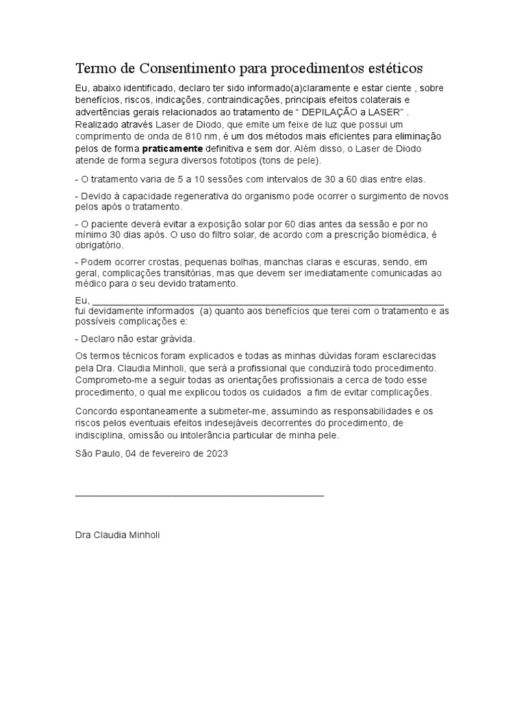 Termo de Consentimento para Procedimentos Estéticos | PDF
