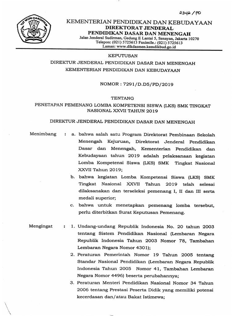 SK Pemenang LKS SMK Tahun 2019 | PDF