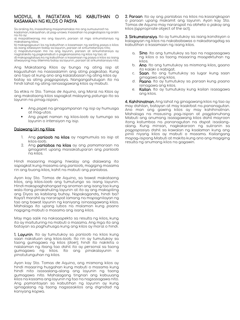 Modyul 8. Pagtataya NG Kabutihan o Kasamaan NG Kilos o Pasya | PDF