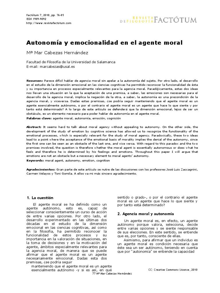 Cabezas, M. Autonomía y Emocionalidad en El Agente Moral | PDF | Las ...