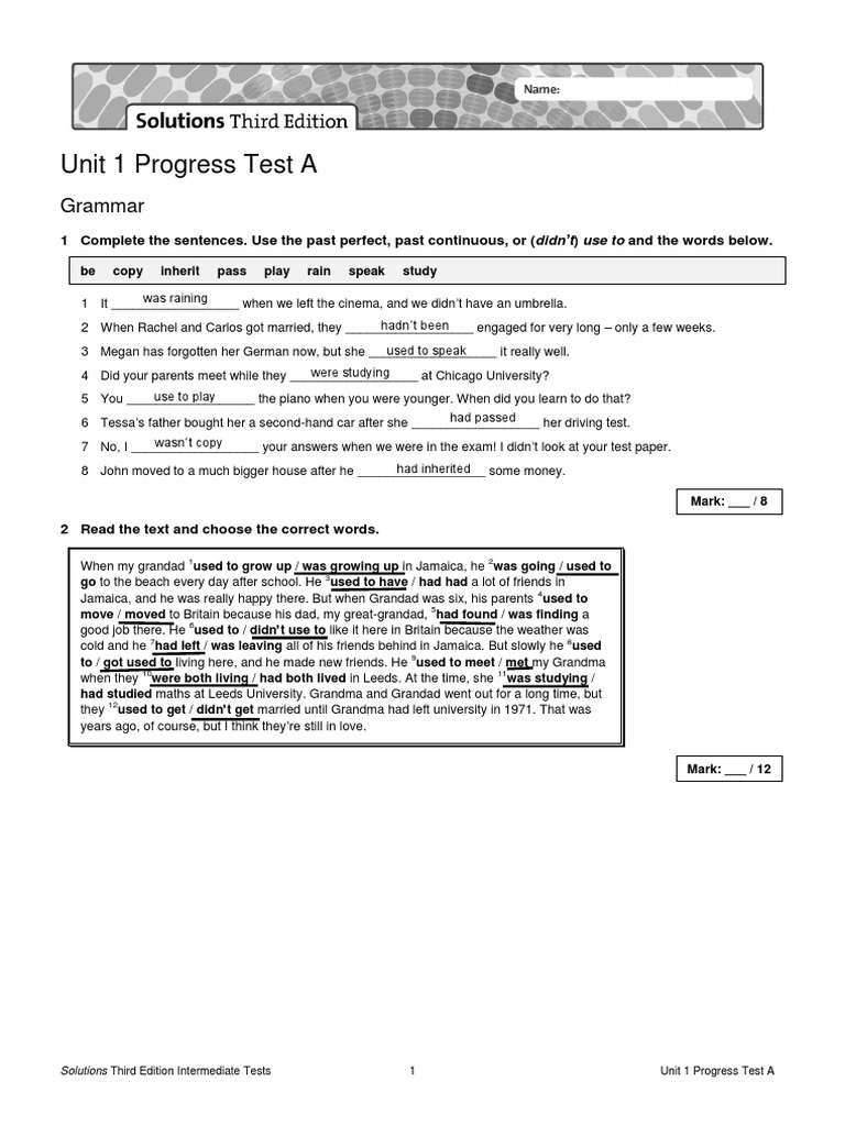 Sol3e Int U1 Progress Test A | PDF