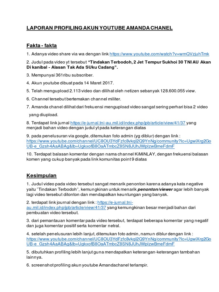 Laporan Profiling Akun Youtube Amanda Chanel | PDF
