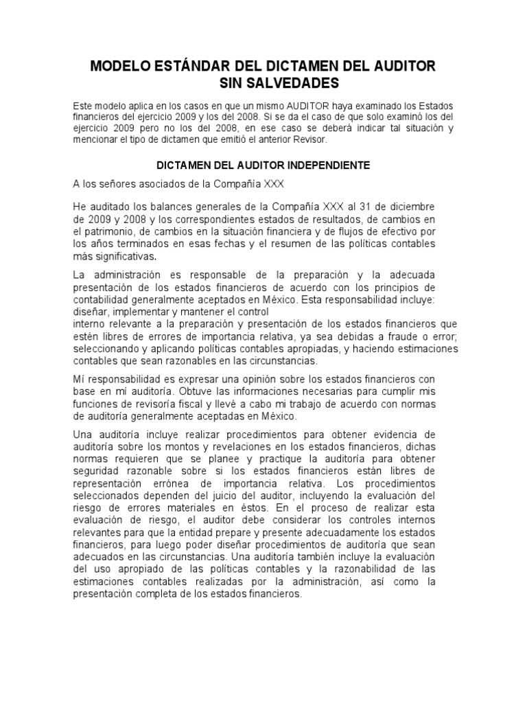 Dictamen - Del - Auditor Limpio Sin Salvedades-1 | PDF | Auditoría ...