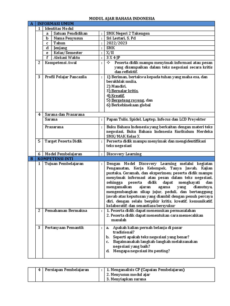 Modul Ajar Teks Negosiasi Kelas 10 | PDF