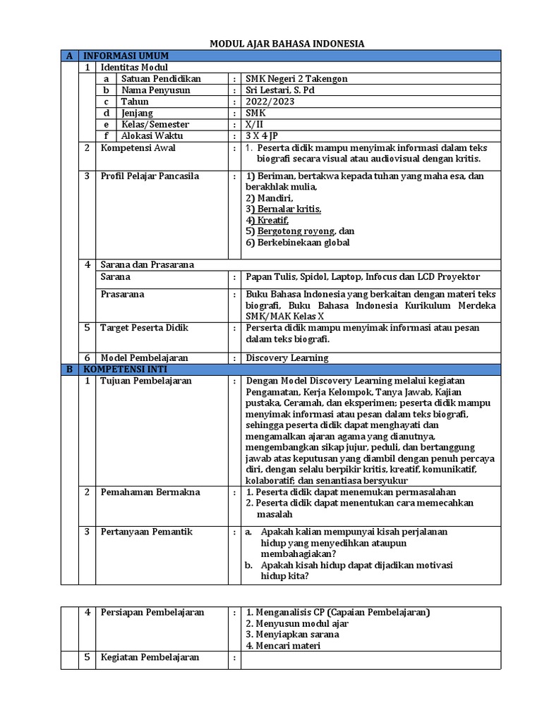 Modul Ajar Bahasa Indonesia SMK | PDF