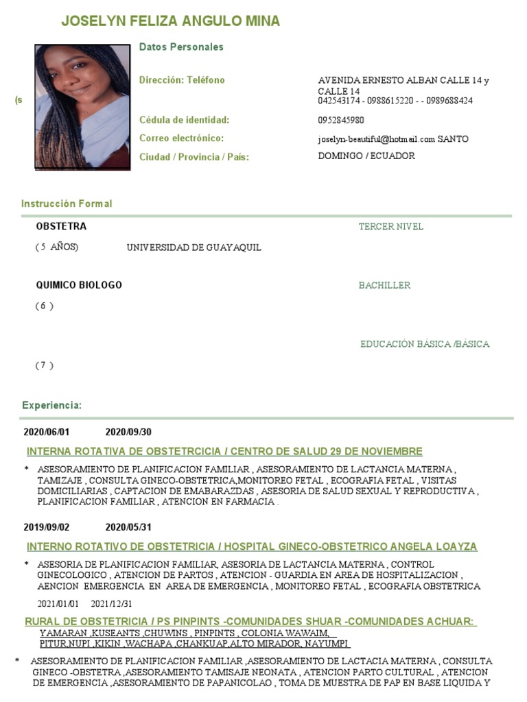 Joselyn Feliza Angulo Mina Cv.. | PDF | Planificación familiar | Partería