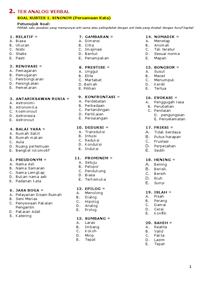 Psikotes Sinonim Antonim Dan Padanan Kata Pdf
