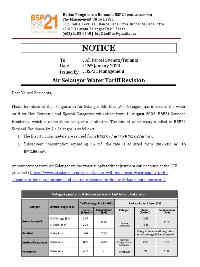 Notice - Air Selangor Water Tariff Revision | PDF | Water | Water And ...