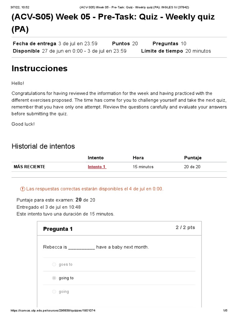 (ACV-S05) Week 05 - Pre-Task - Quiz - Weekly Quiz (PA) - INGLES IV (37842) | PDF