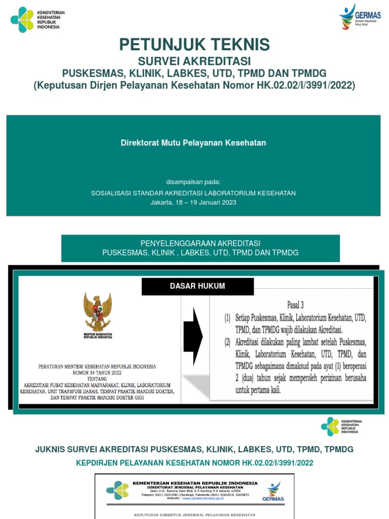 V1 Juknis Survei Akreditasi Puskesmas Klinik Labkes UTD TPMD TPMDG | PDF