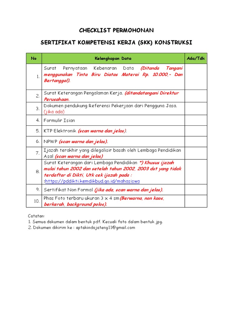 Checklist Persyaratan SKK | PDF