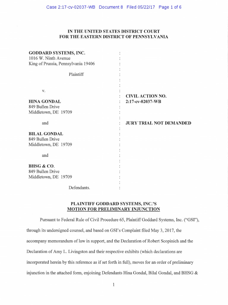 Goddard Systems, Inc. V. Gondal Et Al - MOTION For Preliminary ... Goddard Systems, Inc. V. Gondal Et Al - MOTION For Preliminary ...