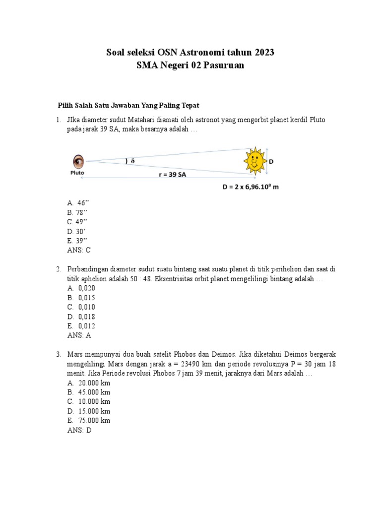 Soal Seleksi OSN Astronomi Tahun 2023 | PDF