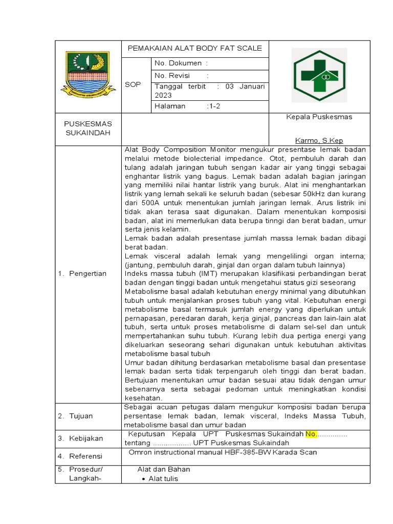 Sop Pemakaian Alat Body Fat Scale | PDF