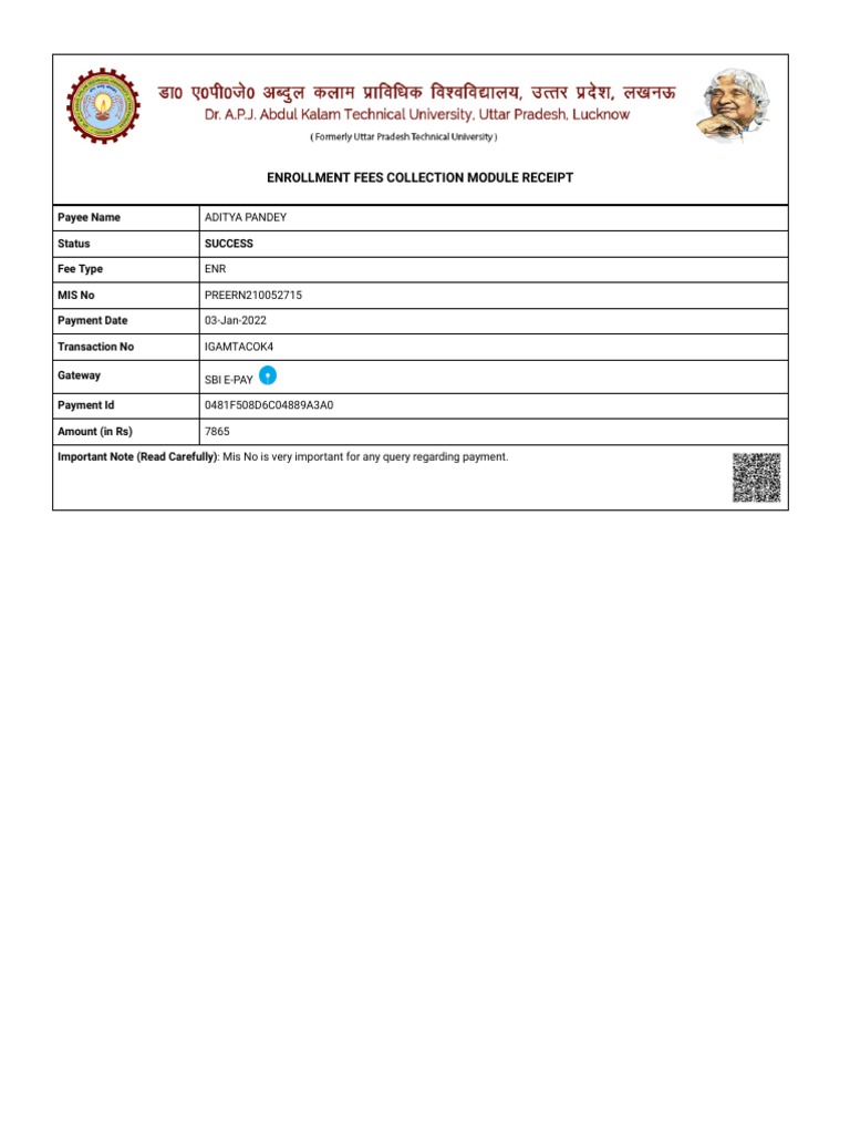 MBA Enrollment Fee Receipt | PDF | Finance & Money Management