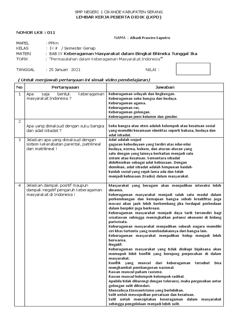Alhadi Prawiro Saputro 9F LKPD 014 | PDF