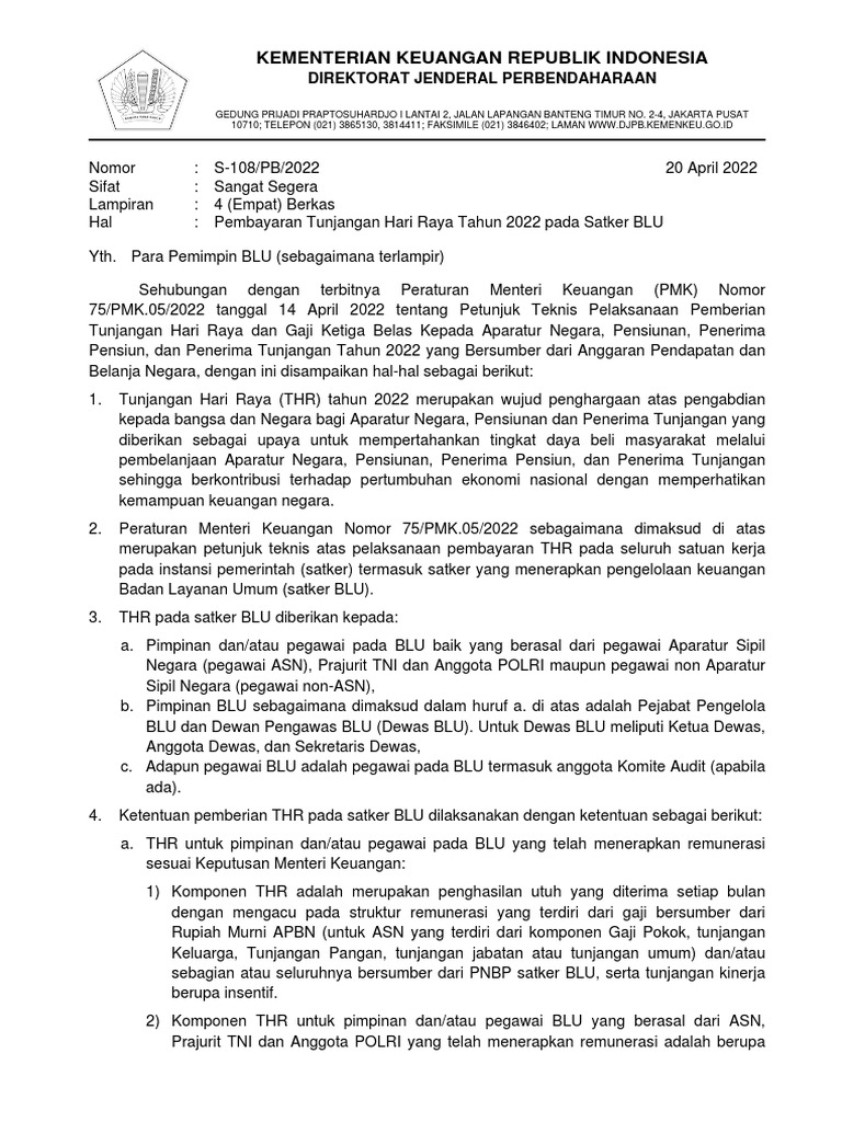 S-108.PB.2022 - Pembayaran THR Tahun 2022 Pada Satker BLU | PDF ...