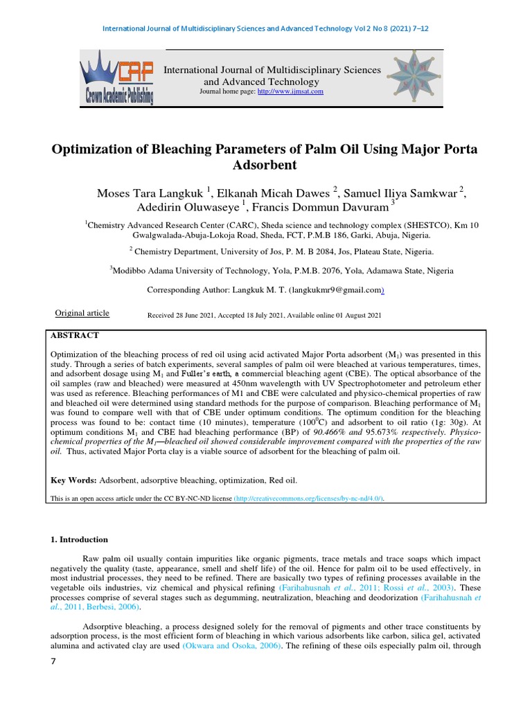 Optimization of Bleaching Parameters of | PDF | Adsorption | Vacuum