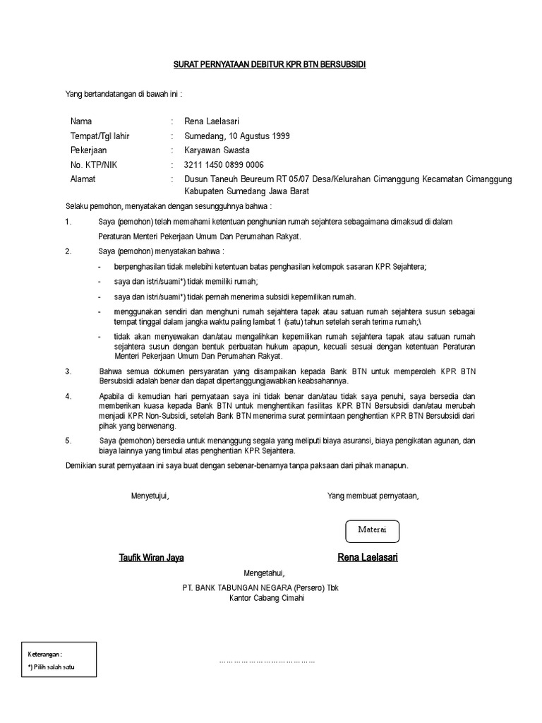 Surat Pernyataan Debitur KPR BTN Bersubsidi | PDF