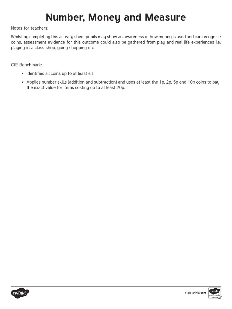 Cfe N 72 Early Level Assessment Numeracy and Mathematics Number Money ...