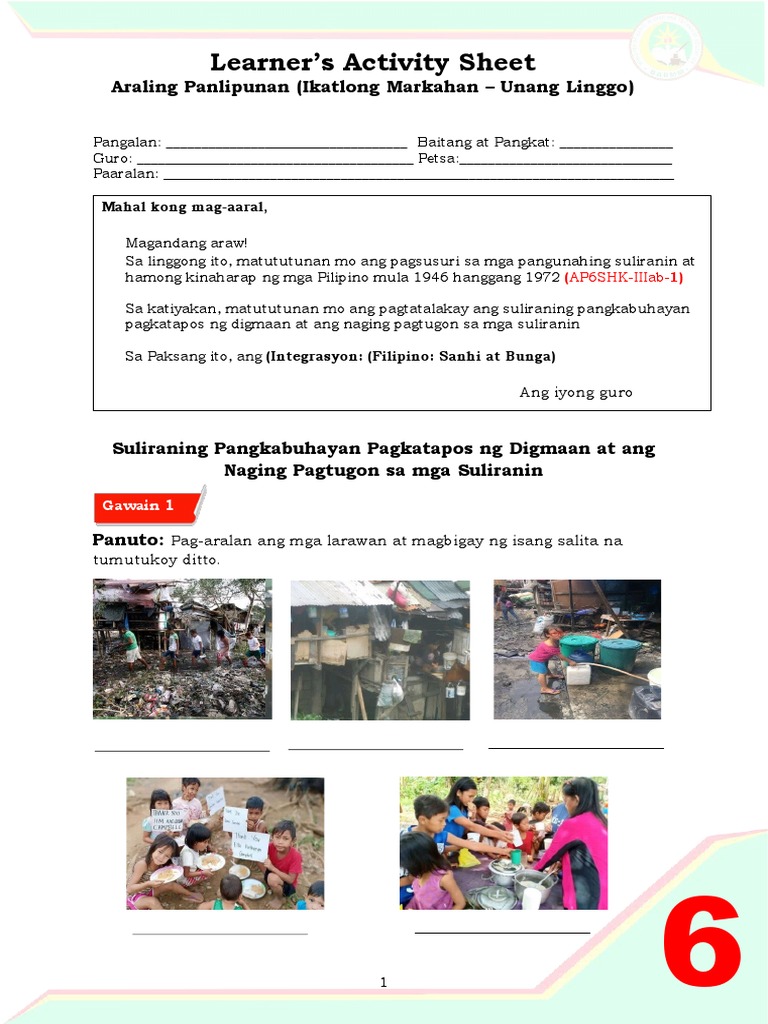 Learner's Activity Sheet: Araling Panlipunan (Ikatlong Markahan - Unang Linggo) | PDF