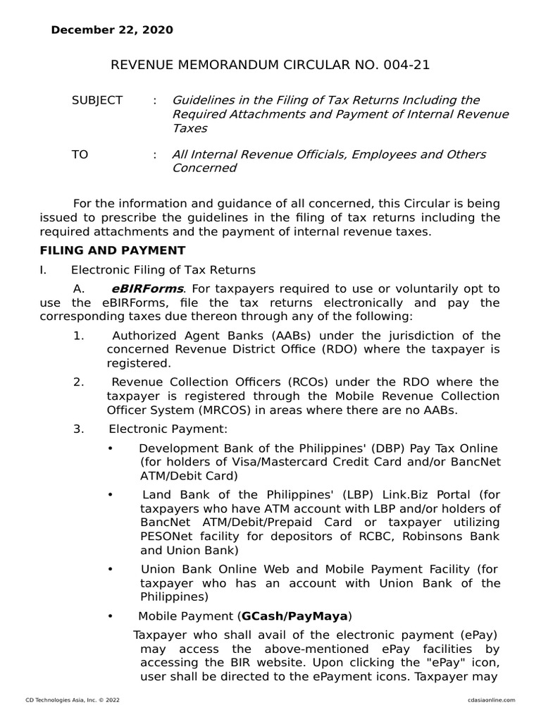 RMC No. 004-21 - Guidlines in Filing Tax Return and Required ...