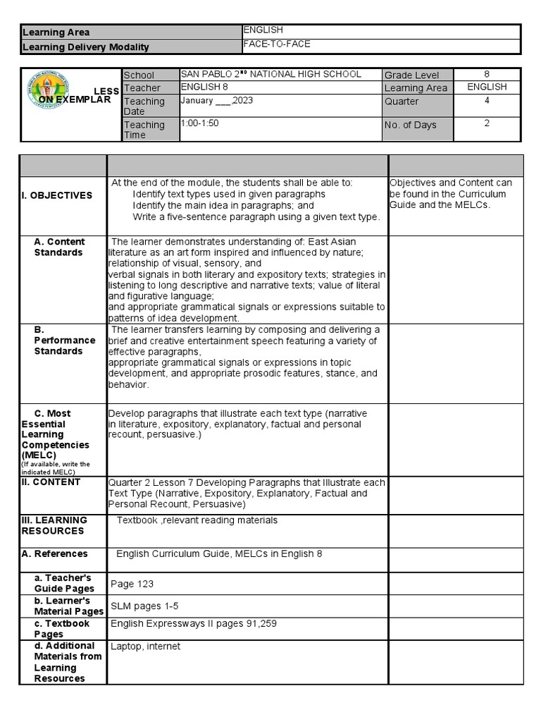 Grade 8 English Paragraph Development | PDF | Learning | Narrative