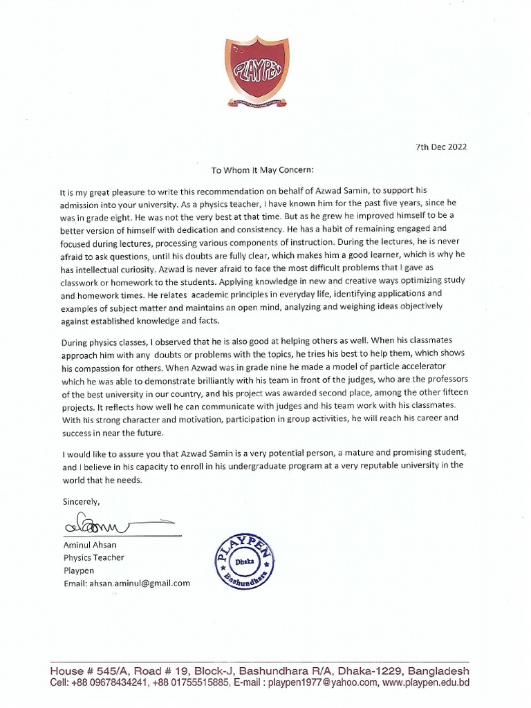 Sample Recommendation Letter For An Undergraduate Student | PDF