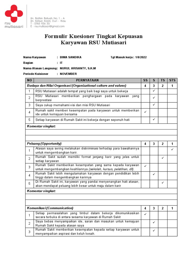 Survey Kepuasan Karyawan RSU Mutiasari | PDF