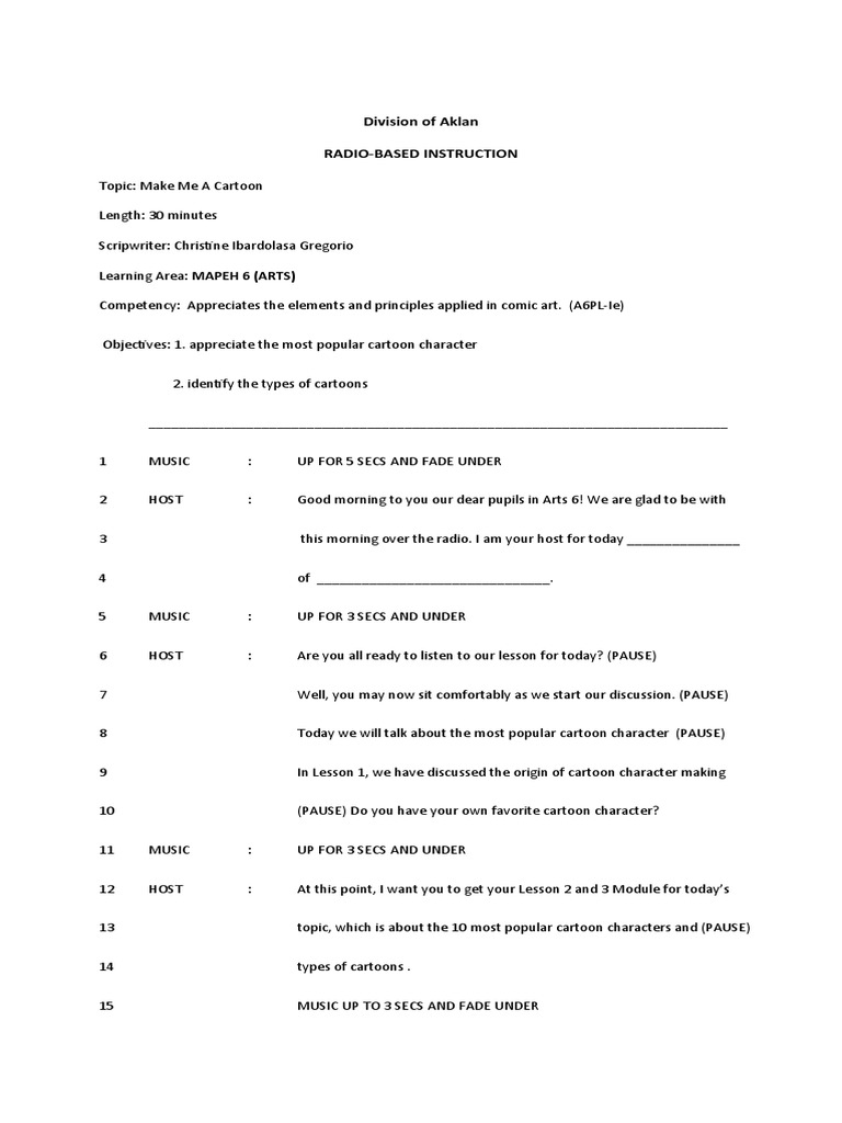 Art6 RBI - Script - Q1Module 7 Lesson 2 3 | PDF | Cartoon | Entertainment