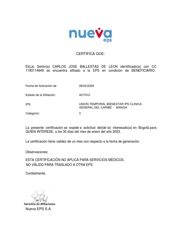 Certificado de Afiliación Nueva EPS | PDF