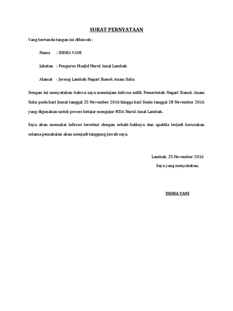 Surat Pernyataan Peminjaman Infokus | PDF