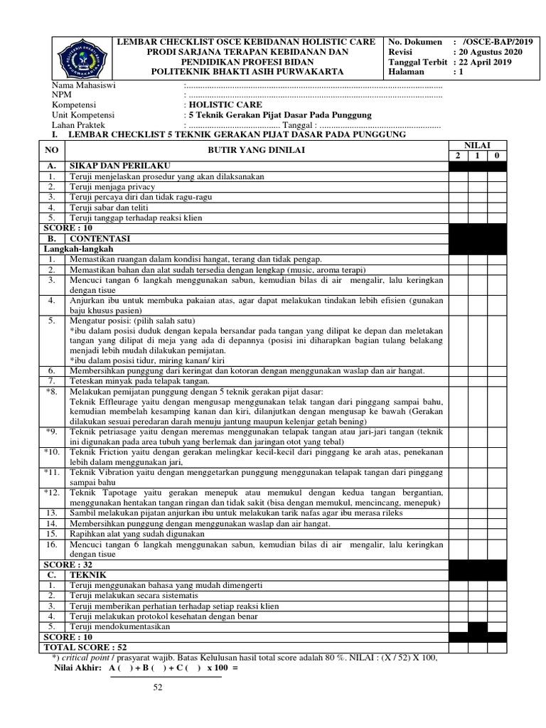 FIX LEMBAR CHECLIST 5 Teknik Gerakan Pijat Dasar Pada Punggung | PDF
